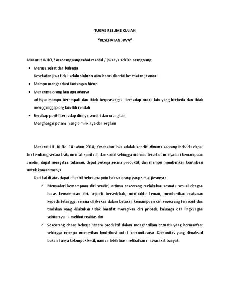 Contoh Resume Tugas Kuliah Kesehatan Jiwa | PDF