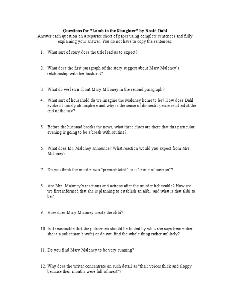 Discussion Questions for "Lamb to the Slaughter" | PDF | Mystery ...