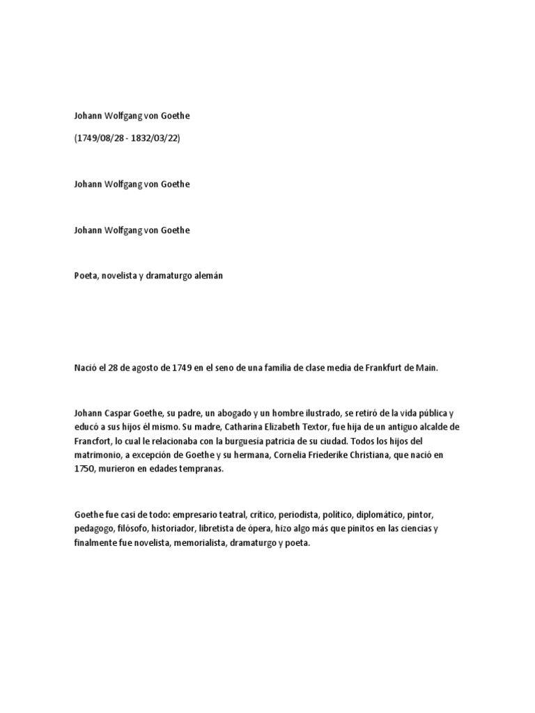 Vida y Obras de Johann Wolfgang von Goethe | PDF | Johann Wolfgang von ...
