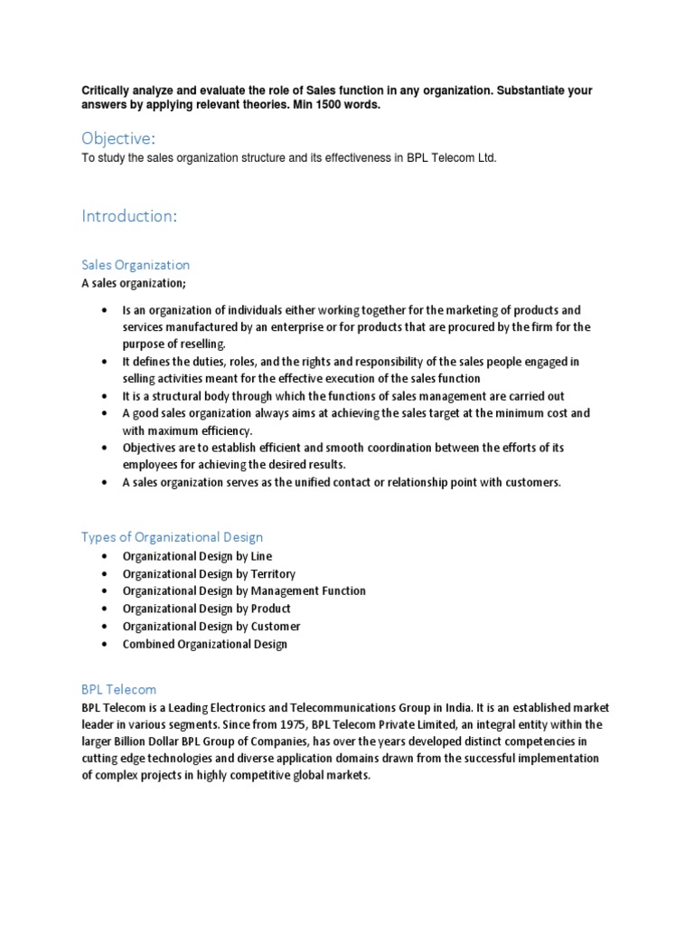 BPL Telecom | PDF | Organizational Structure | Sales