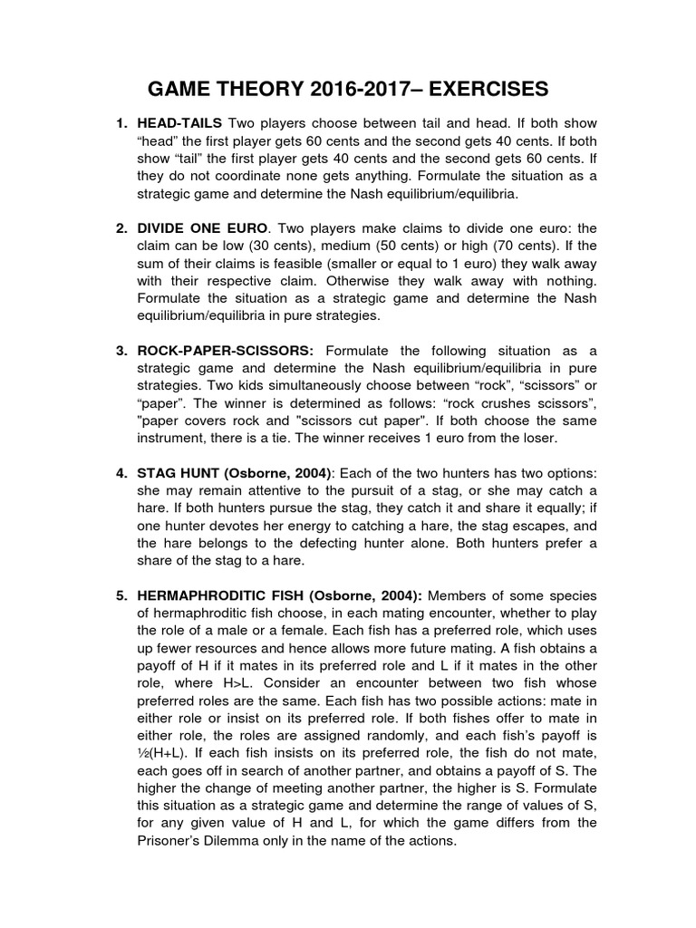 Game Theory 2016-2017 - Exercises | PDF | Leisure Activities | Gaming