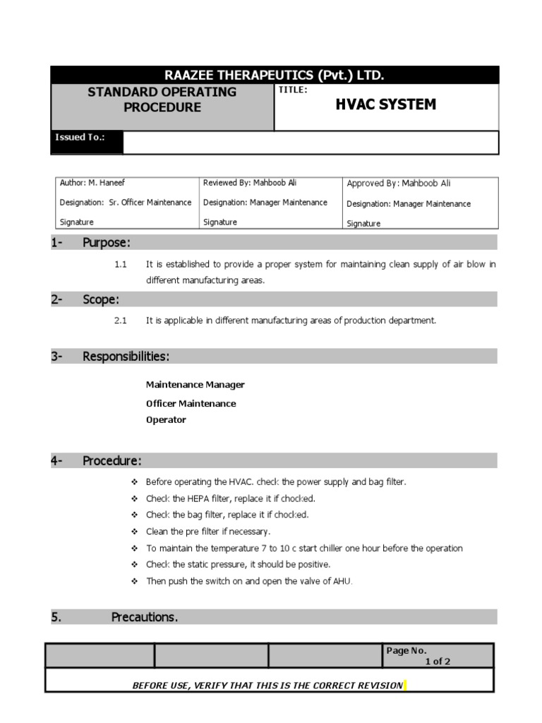 Standard Operating Procedure: Hvac System | PDF | Hvac | Chemical ...