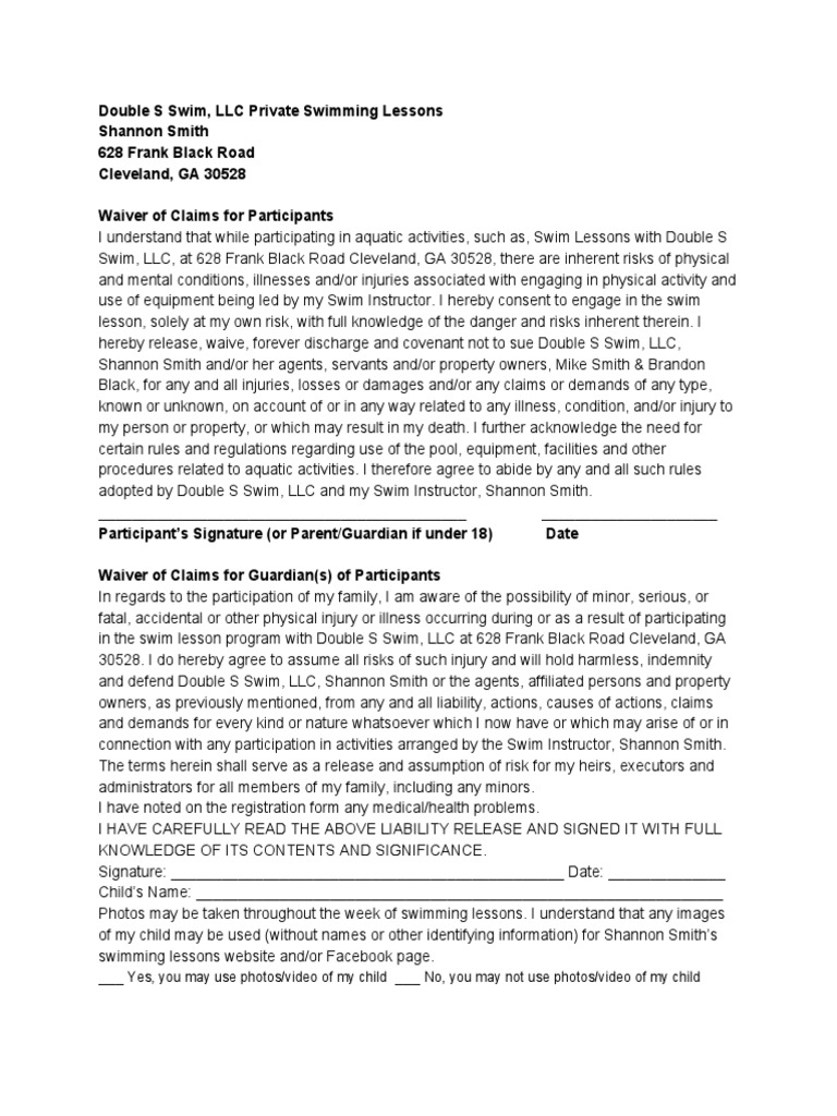 2018 Swimming Lesson Waiver Policies | PDF | Indemnity | Government