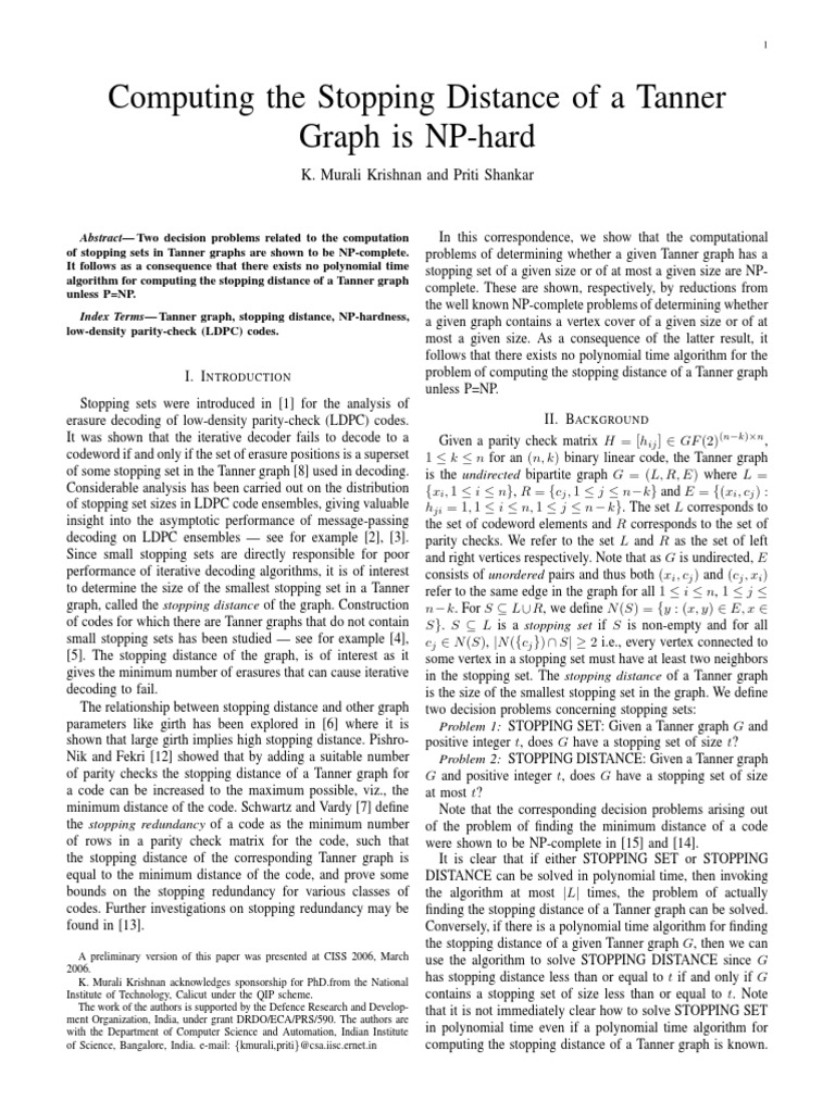 Computing The Stopping Distance of A Tanner Graph Is NP-hard | PDF ...