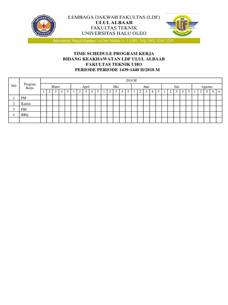 Time Schedule Program Kerja Bidang Keakhawatan LDF Ulul Albaab Fakultas ...