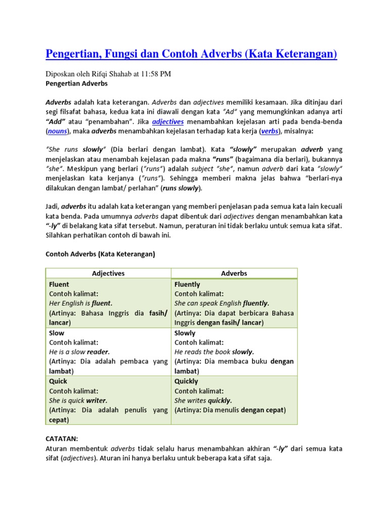 Pengertian, Fungsi Dan Contoh Adverbs (Kata Keterangan) | PDF