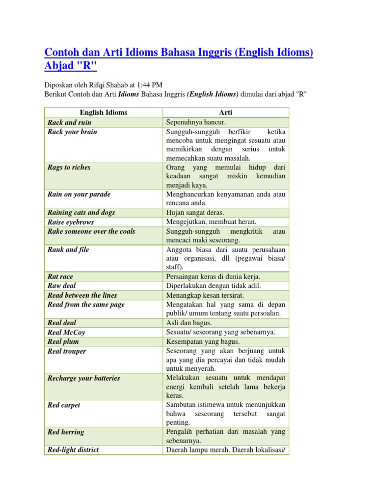 Contoh Dan Arti Idioms Abjad R | PDF