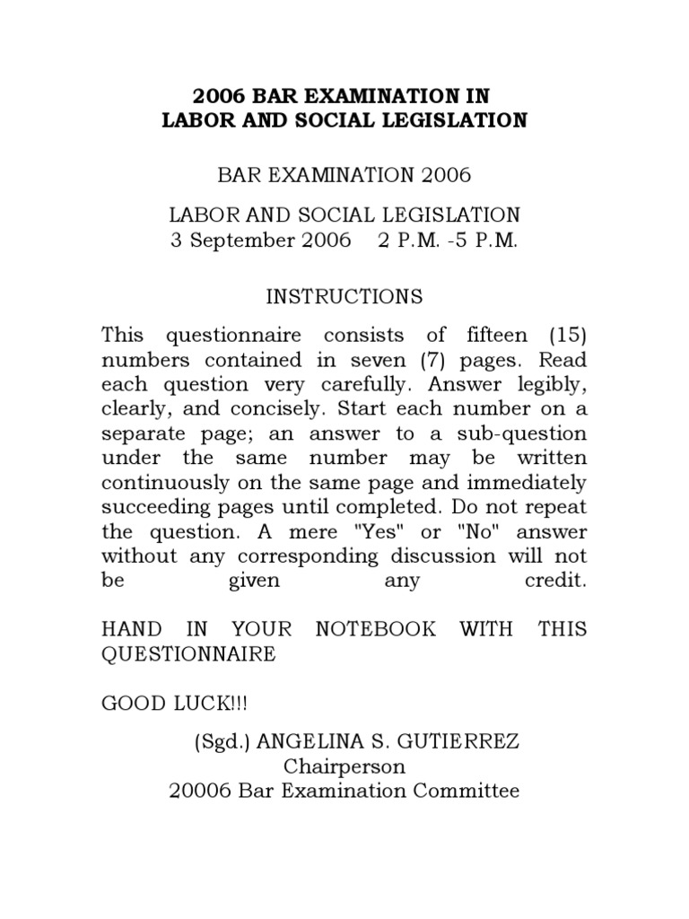 2006 Bar Examination | PDF | Strike Action | Employment