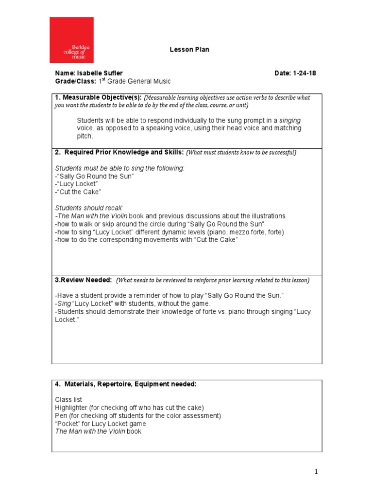 1st Grade Music Lesson Plan | PDF | Rhythm | Singing