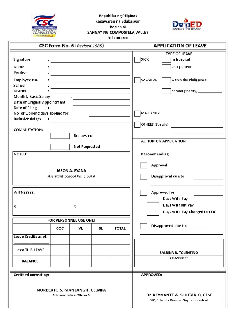 Application of Leave CSC Form No. 6 : Revised 1985 | PDF | Government ...