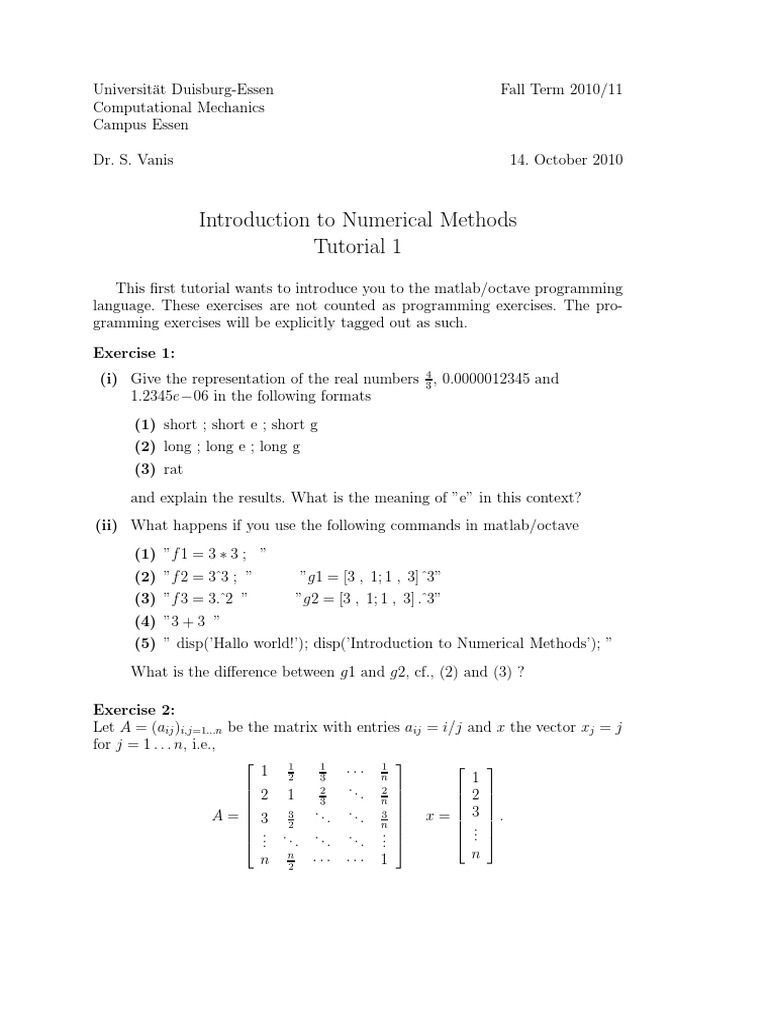 Tutorial 1 Download Free Pdf Matlab Matrix Mathematics 0751