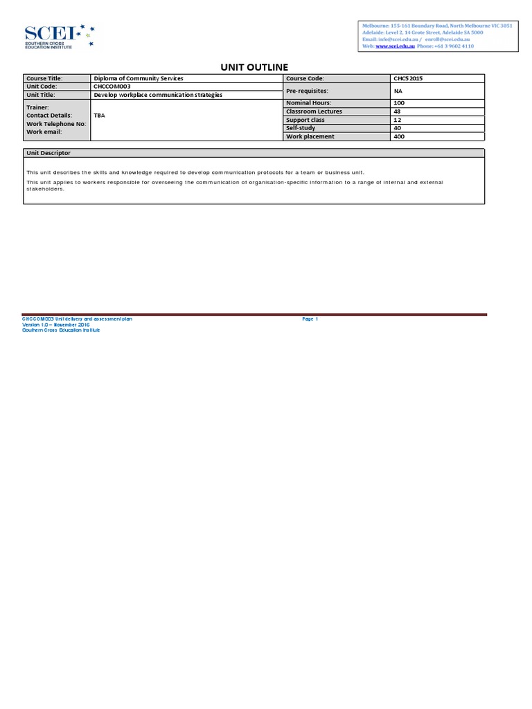 CHCCOM003 Unit Delivery and Assessment Plan V1 | PDF | Educational ...