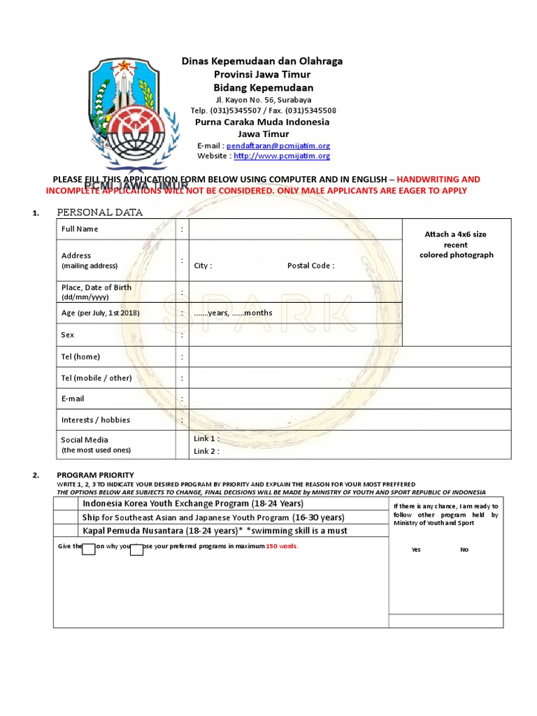 Youth Program Application Form - East Java | PDF | Test Of English As A ...