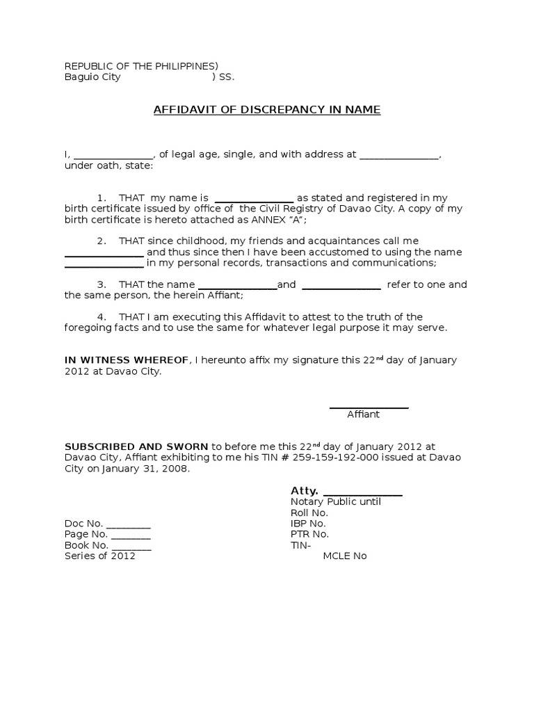 Affidavit of Name Discrepancy in Philippines | PDF | Affidavit ...