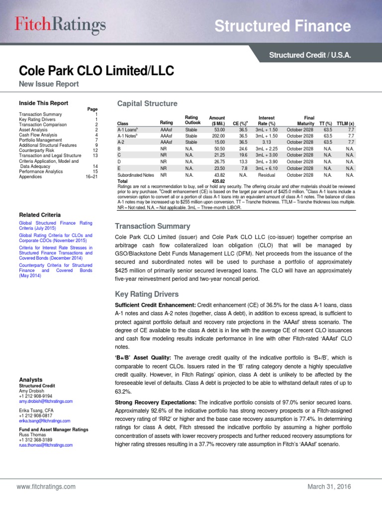 Cole Park CLO Limited | PDF | Securitization | Credit Rating