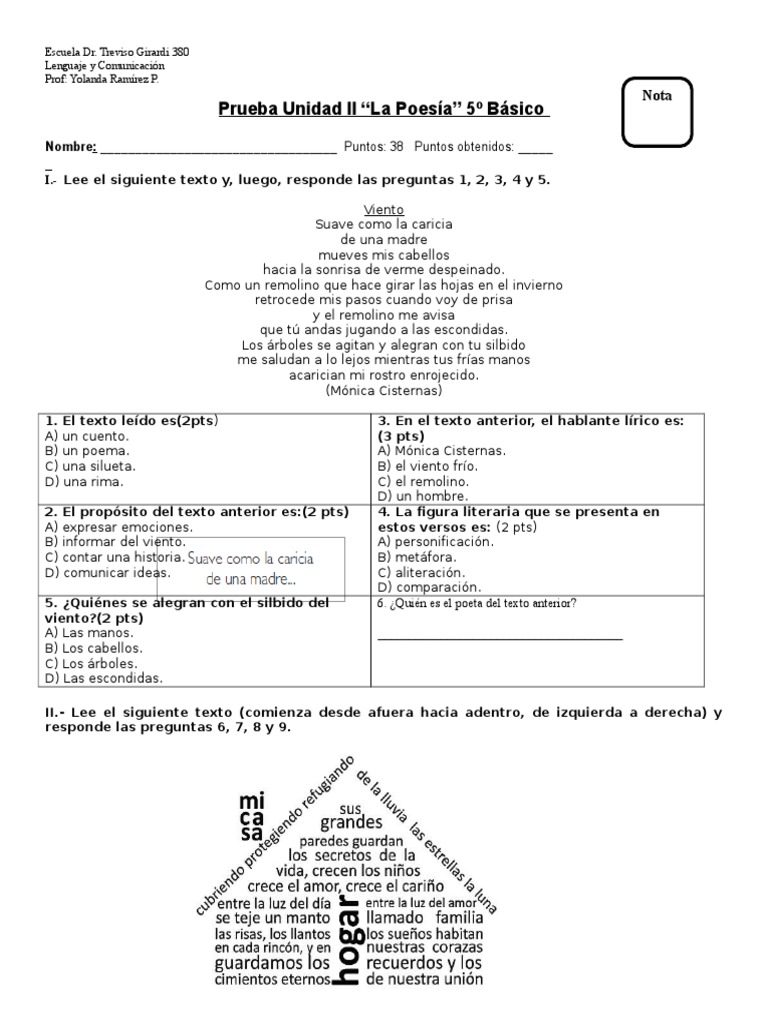 Prueba 5° Poesía 2017 | PDF | Metáfora | Rima
