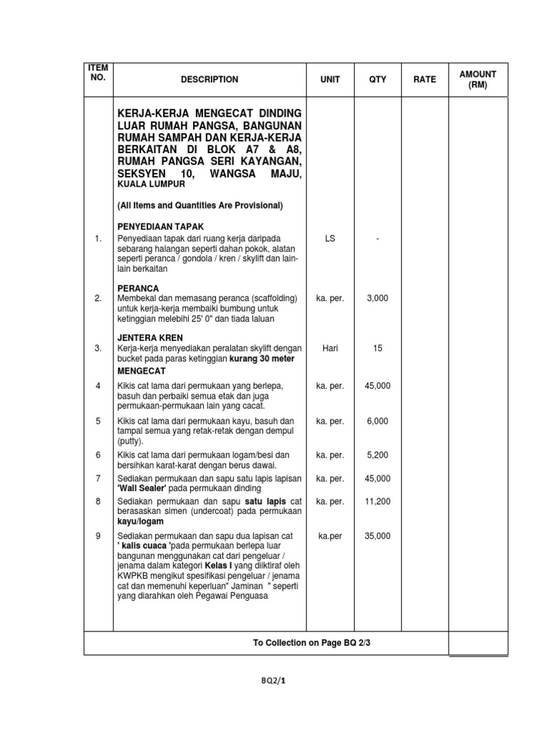 Contoh Bills of Quantities Painting Buildings Works PDF | PDF