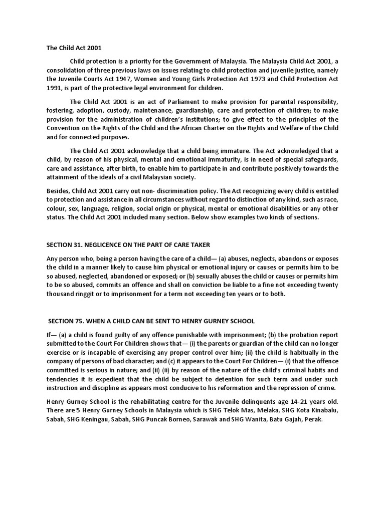 The Child Act 2001 Short | PDF | Child Protection | Child Abuse