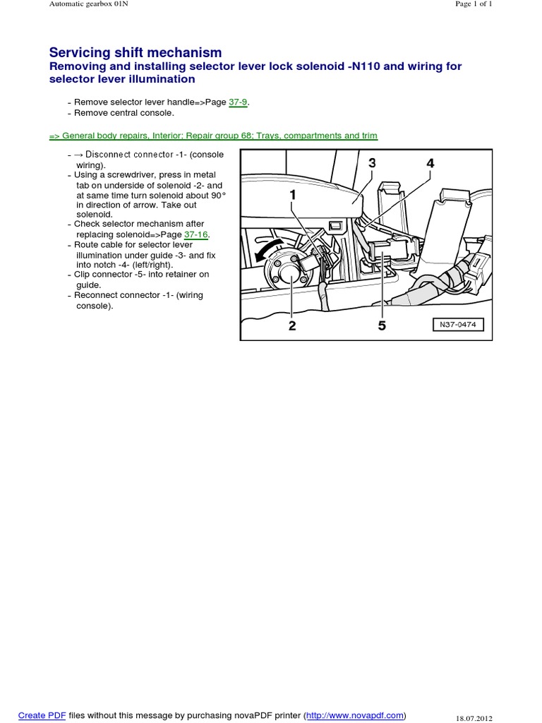 Removing and Installing Selector Lever Lock Solenoid - N110 and Wiring ...