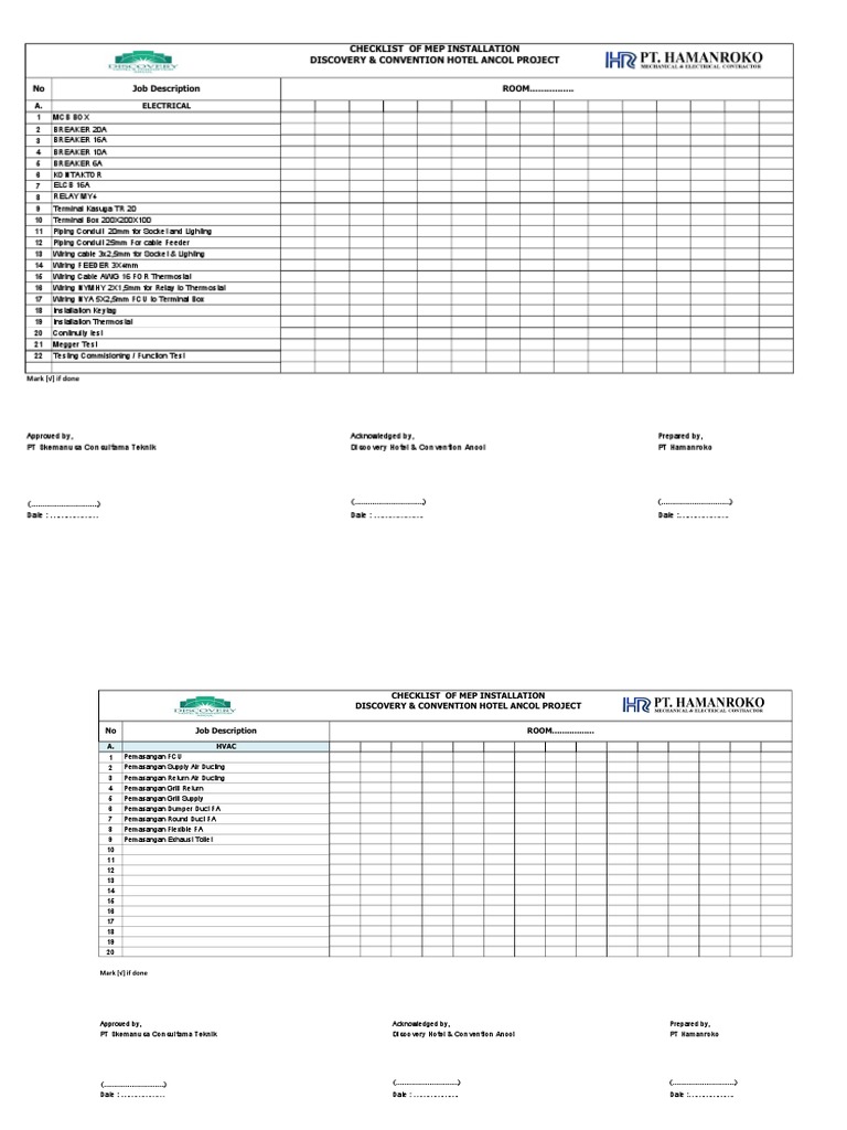MEP Installation Checklist for Renovation Works at the Discovery Hotel ...