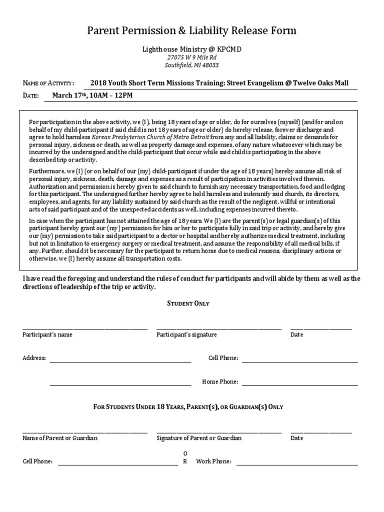 Parent Permission Liability Release Form. Twelve Oaks | PDF | Indemnity ...