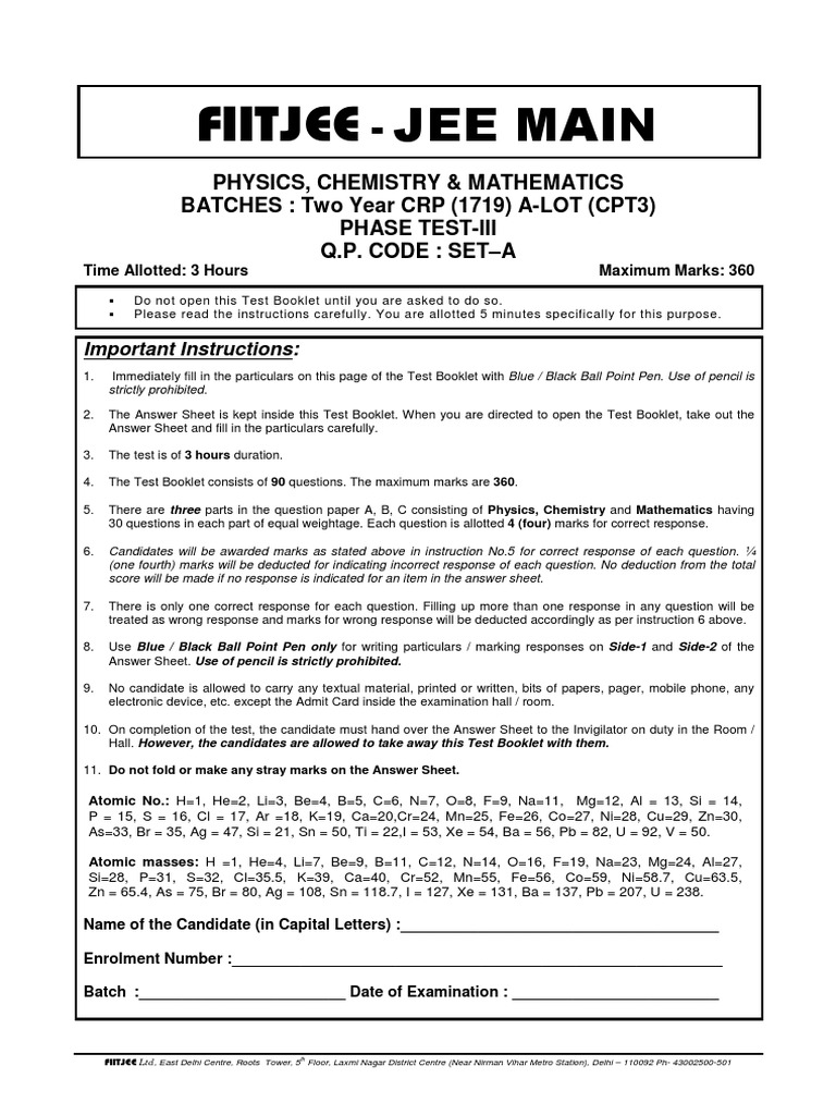 Fiitjee Jee Main-Two Year CRP - 1719 - A Lot - cpt3 - Pan India-ph-III - Set-A | PDF | Waves ...