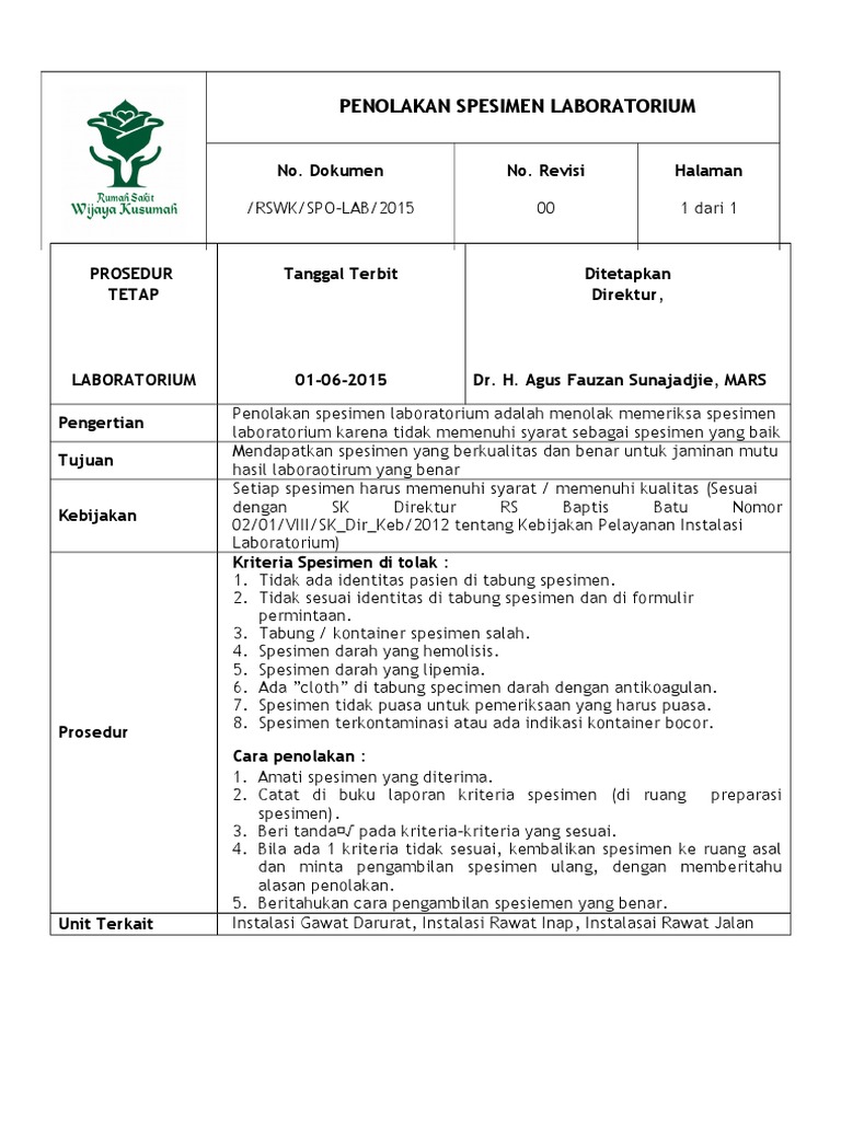 Kriteria Penolakan Spesimen Laboratorium | PDF