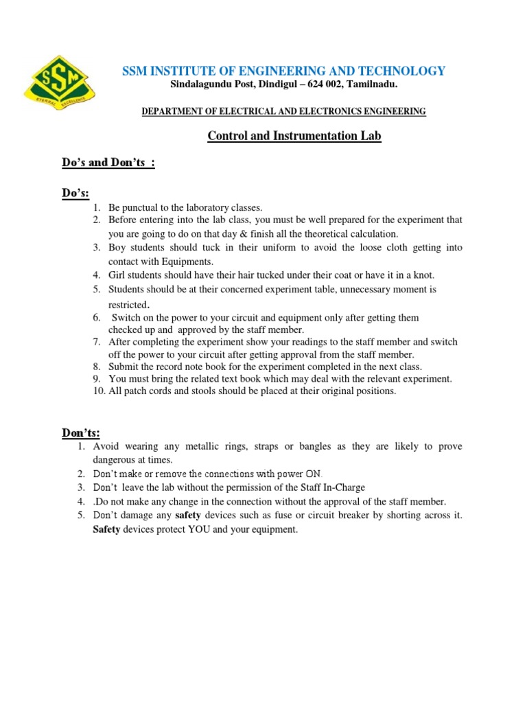 Control and Instrumentation Lab Do's and Don'ts: Do's:: SSM Institute ...