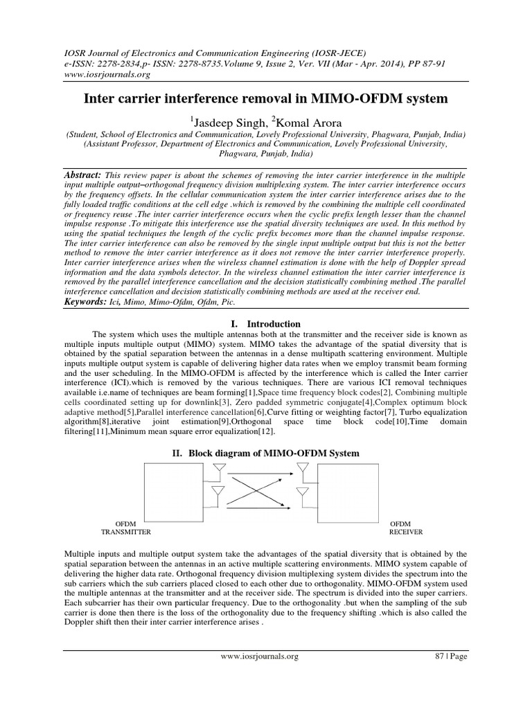 Inter Carrier Interference Removal in MIMO-OFDM System: Jasdeep Singh, Komal Arora | PDF ...
