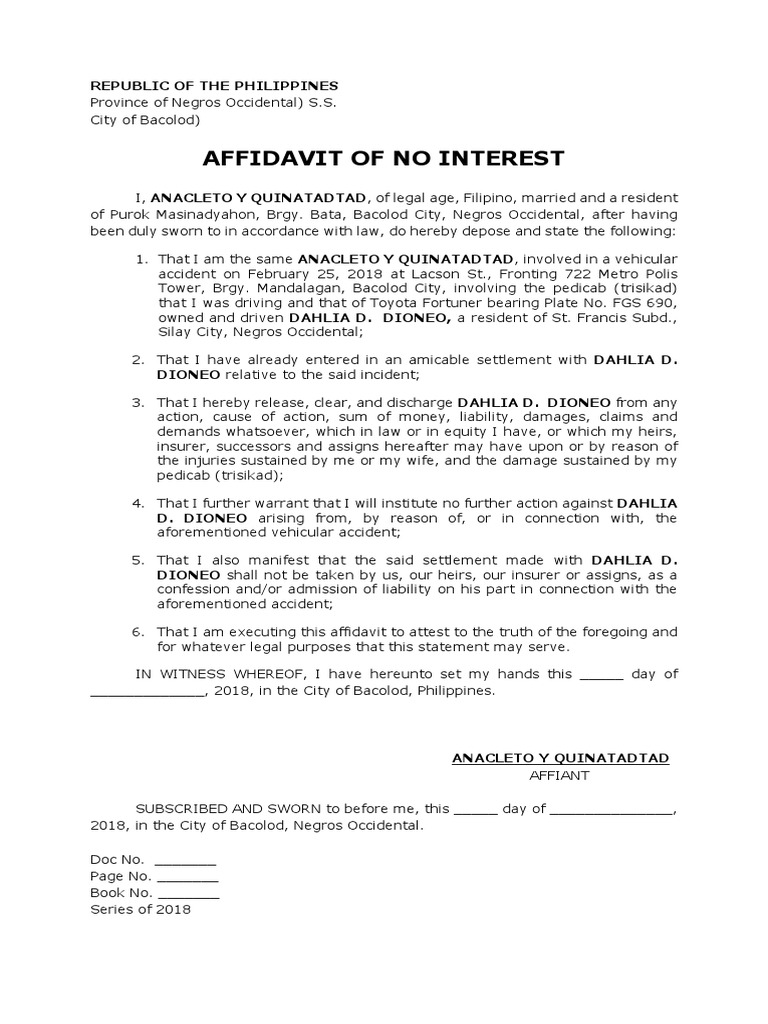 Affidavit of Non-Interest | Affidavit | Common Law