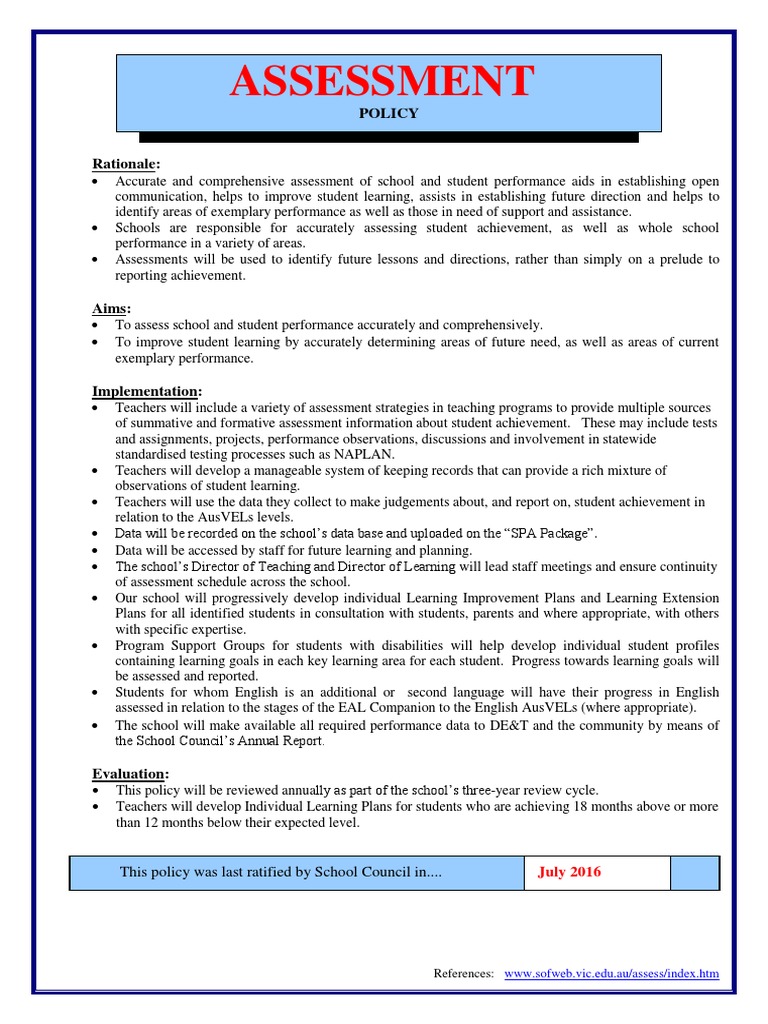 Assessment Policy | PDF | Educational Assessment | Quality Of Life