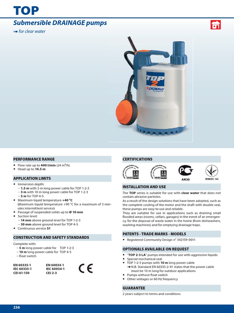 Pedrollo Submersible Drainage Pump - ToP | PDF | Pump | Capacitor