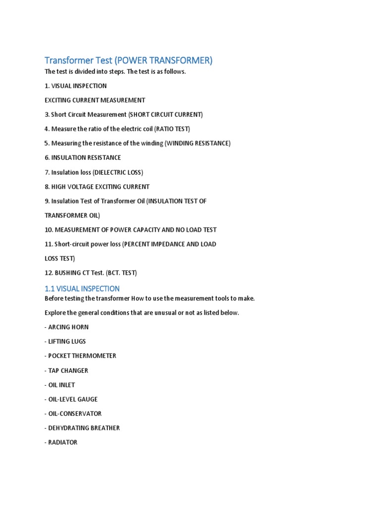 Transformer Test (POWER TRANSFORMER) : 1.1 Visual Inspection | PDF