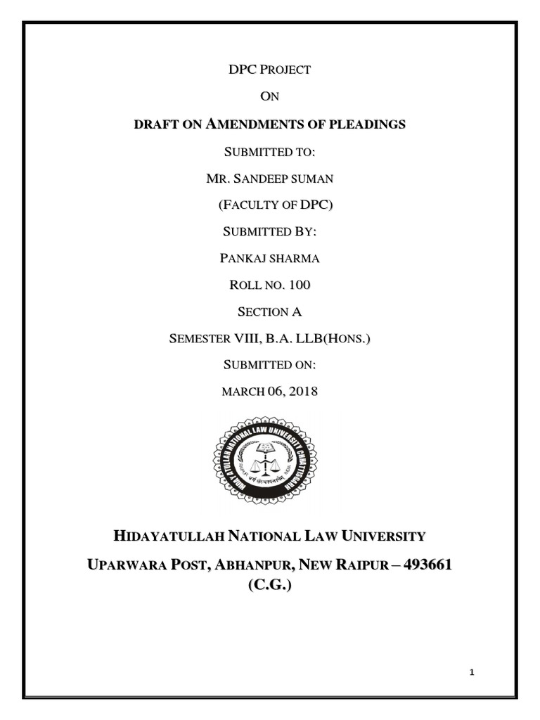 DPC Project. Pankaj Sharma. Roll No. 100. Sem VIII'a' | PDF | Pleading | Affidavit