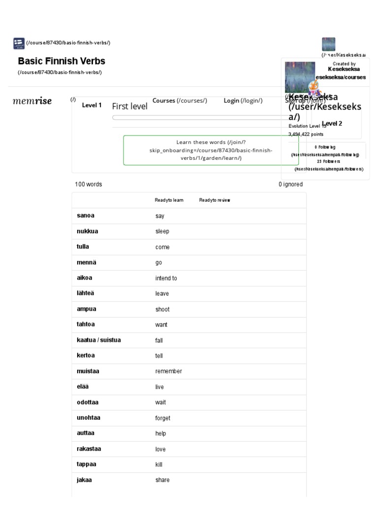 Level 1 - Basic Finnish Verbs - Memrise