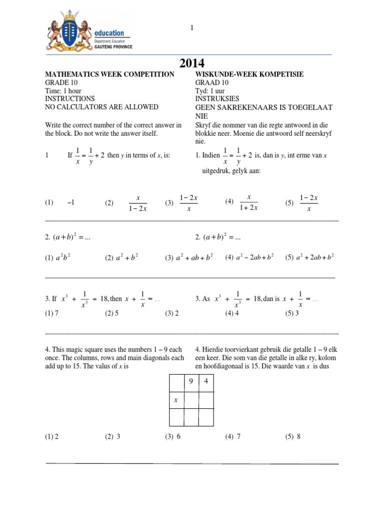 Grade 10 Math Competition 2014 | PDF | Numbers | Mathematical Objects