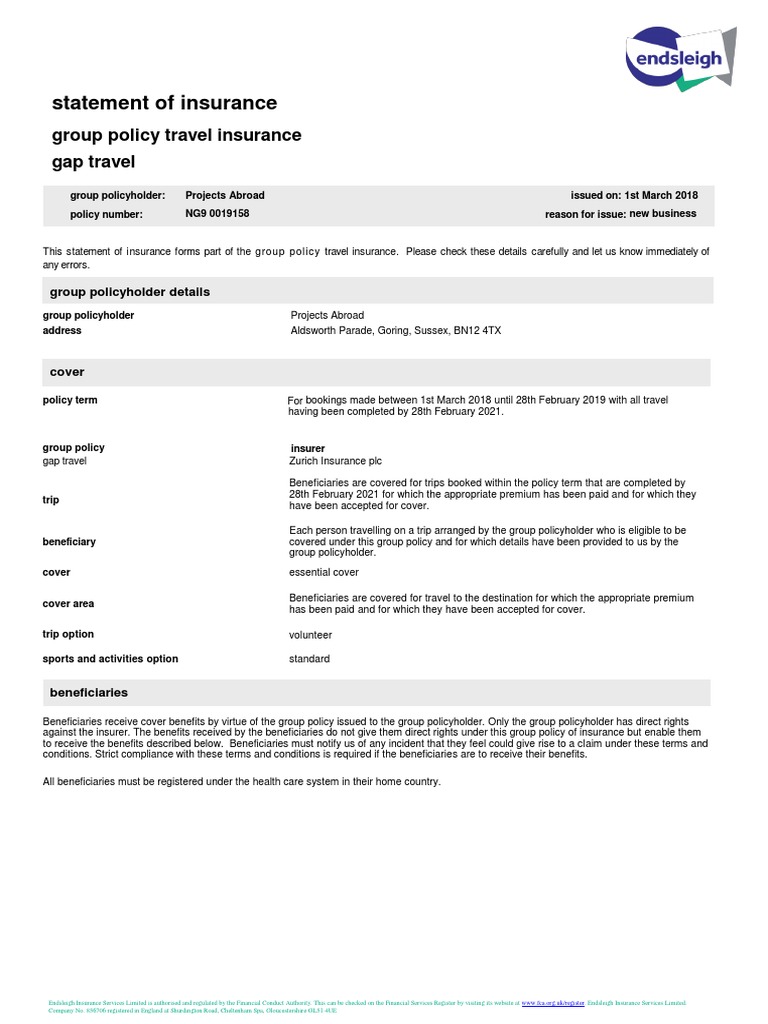 Statement of Insurance: Group Policy Travel Insurance Gap Travel | PDF ...