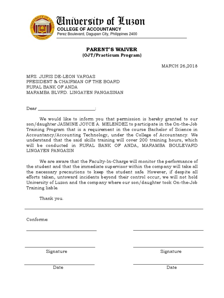 University of Luzon: Parent'S Waiver | PDF