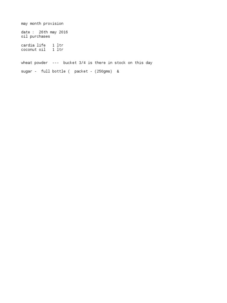 May Month Provision Date: 26th May 2016 Oil Purchases Cardia Life 1 LTR ...