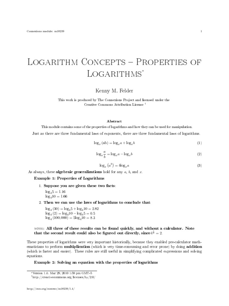 Logarithm Concepts Properties of Logarithms: Kenny M. Felder | PDF | Logarithm | Exponentiation