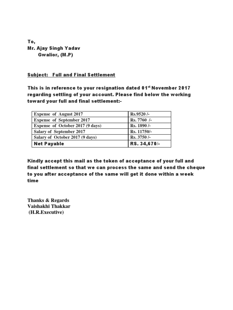 Full and Final Settlement Details | PDF