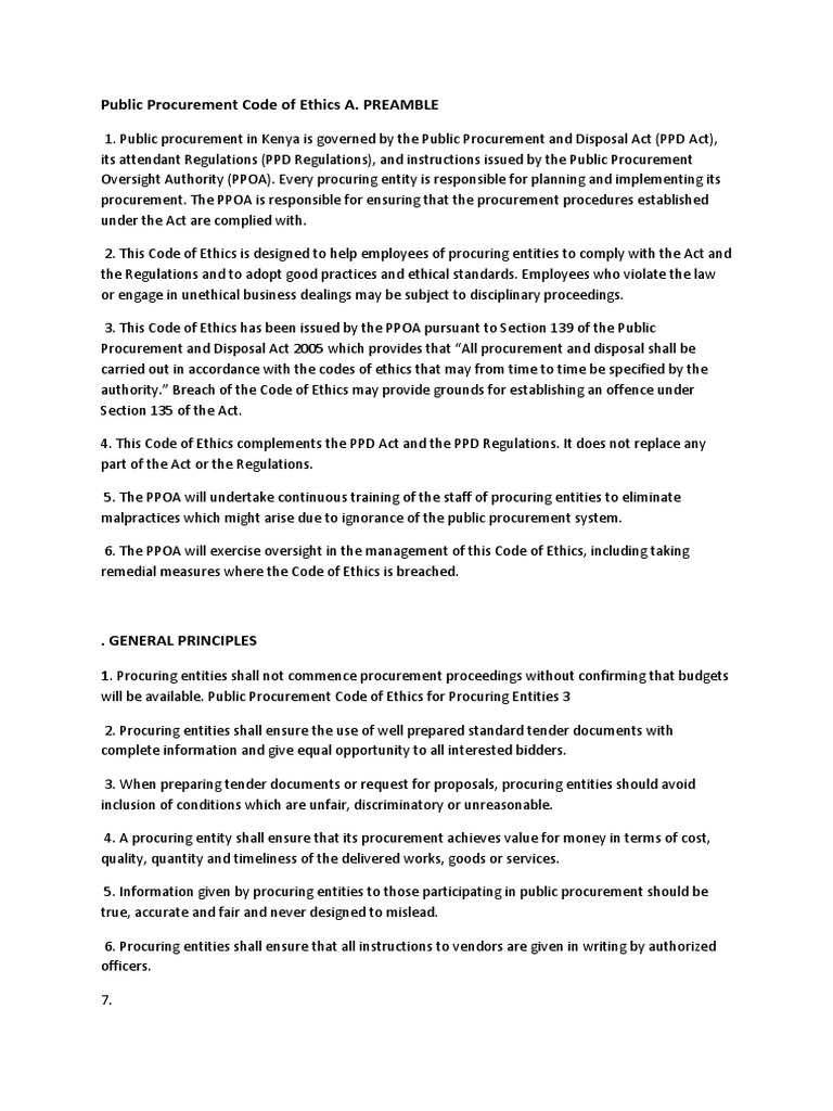 Public Procurement Code of Ethics A. PREAMBLE | Download Free PDF ...