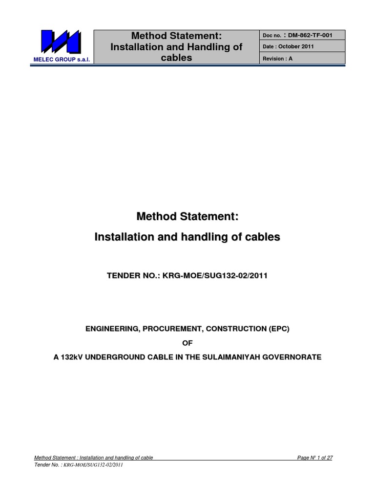 1 Method Statement Installation And Handling Of Cables Pdf Duct Flow Concrete