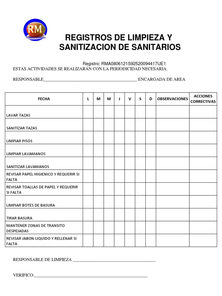 Registros de Limpieza y Sanitizacion de Sanitarios | PDF