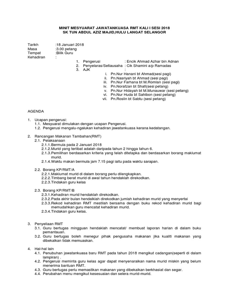 Minit Mesyuarat RMT SK Tun Abdul Aziz Majid 2018 | PDF