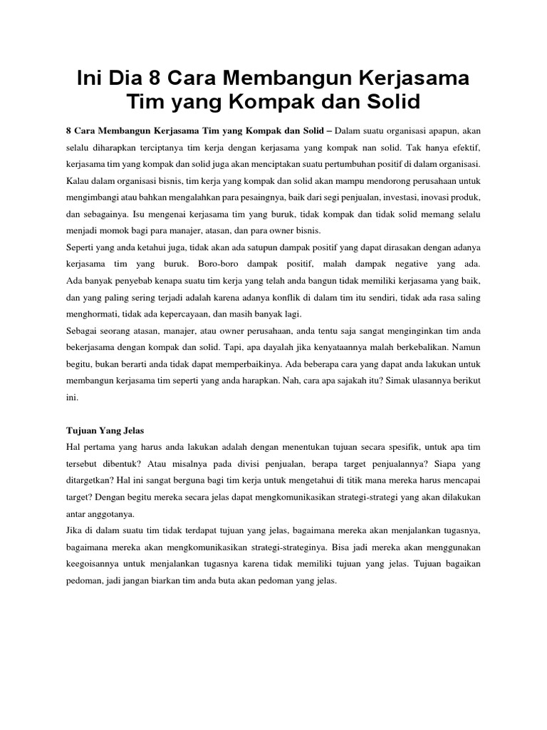 Ini Dia 8 Cara Membangun Kerjasama Tim Yang Kompak Dan Solid | PDF
