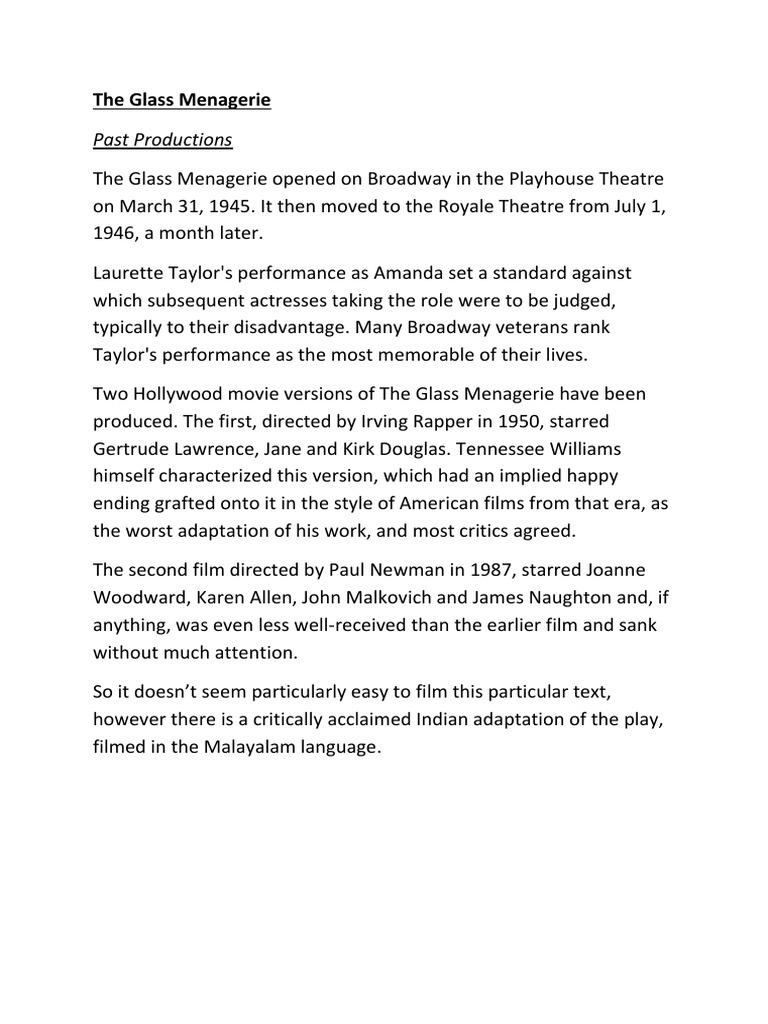 The Glass Menagerie: Stage & Screen | PDF