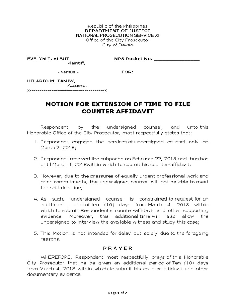 Motion for Extension to File Counter Affidavit | PDF | Prosecutor | Virtue