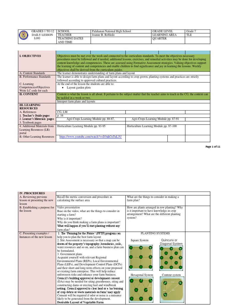 Grade 7 Crop Production Lesson Plan | PDF | Irrigation | Teachers