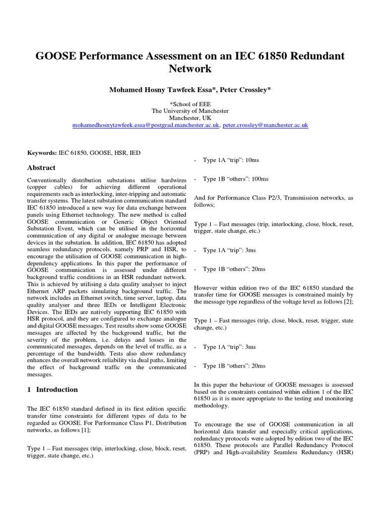 GOOSE Performance Assessment On An IEC 61850 Redundant Network | PDF | Ethernet | Computer Network